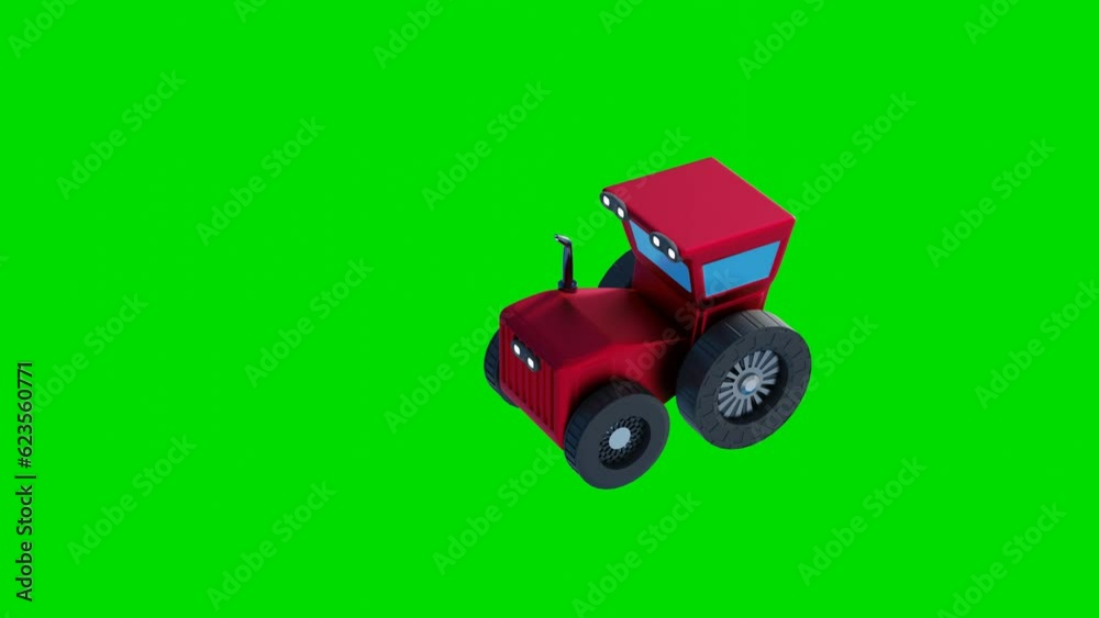 3D model of a stylized tractor drives from right to left on a green ...