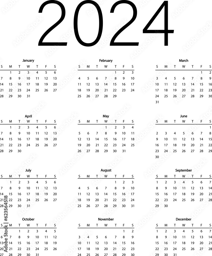 Monthly calendar for 2024 year. The week starts on Sunday Stock ...