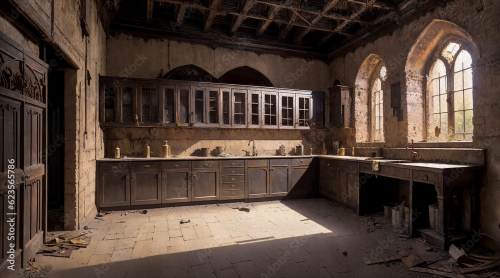 Shabby kitchen interior in a dilapidated old mansion. Interior with ...