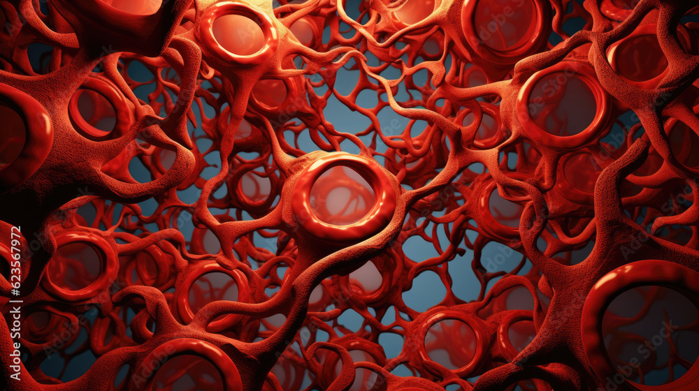 Red cells in a 3d skeletal print style. Abstract medical background ...