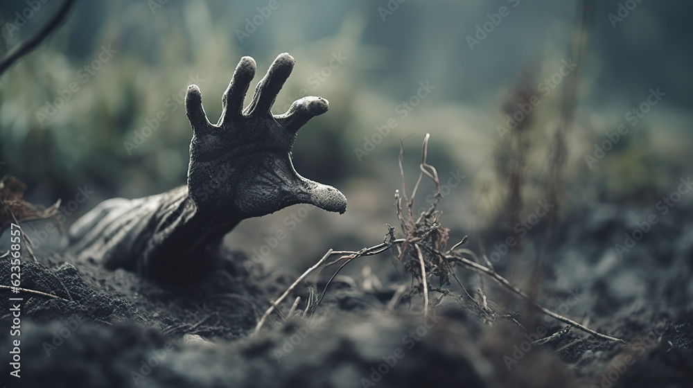 A zombie hand reaching out of the ground. Hand protruding of soil ...