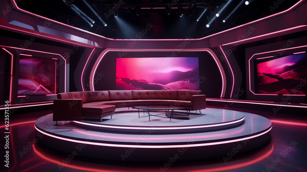 Immersive TV studio stage, with led and spotlights lights and luxury ...