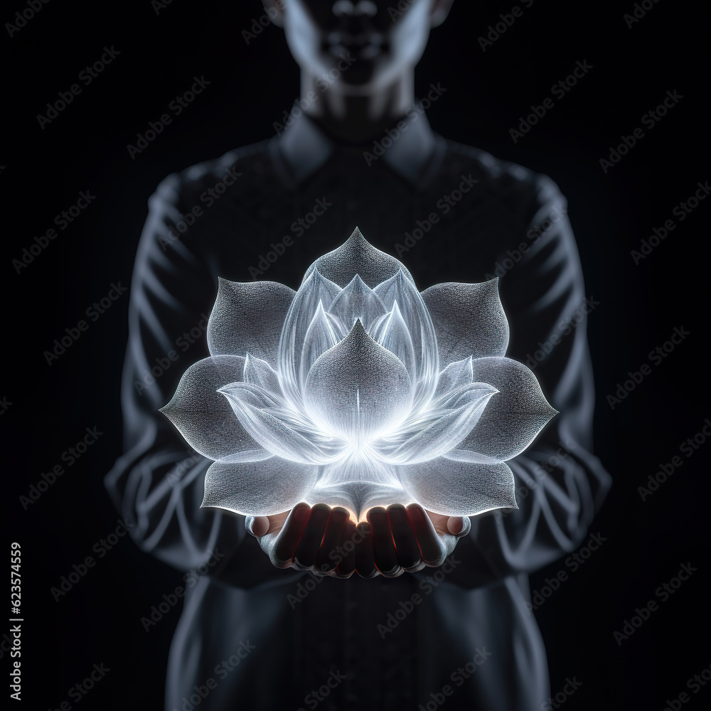 Silhouette of an invisible person holding an illuminated lotus flower ...