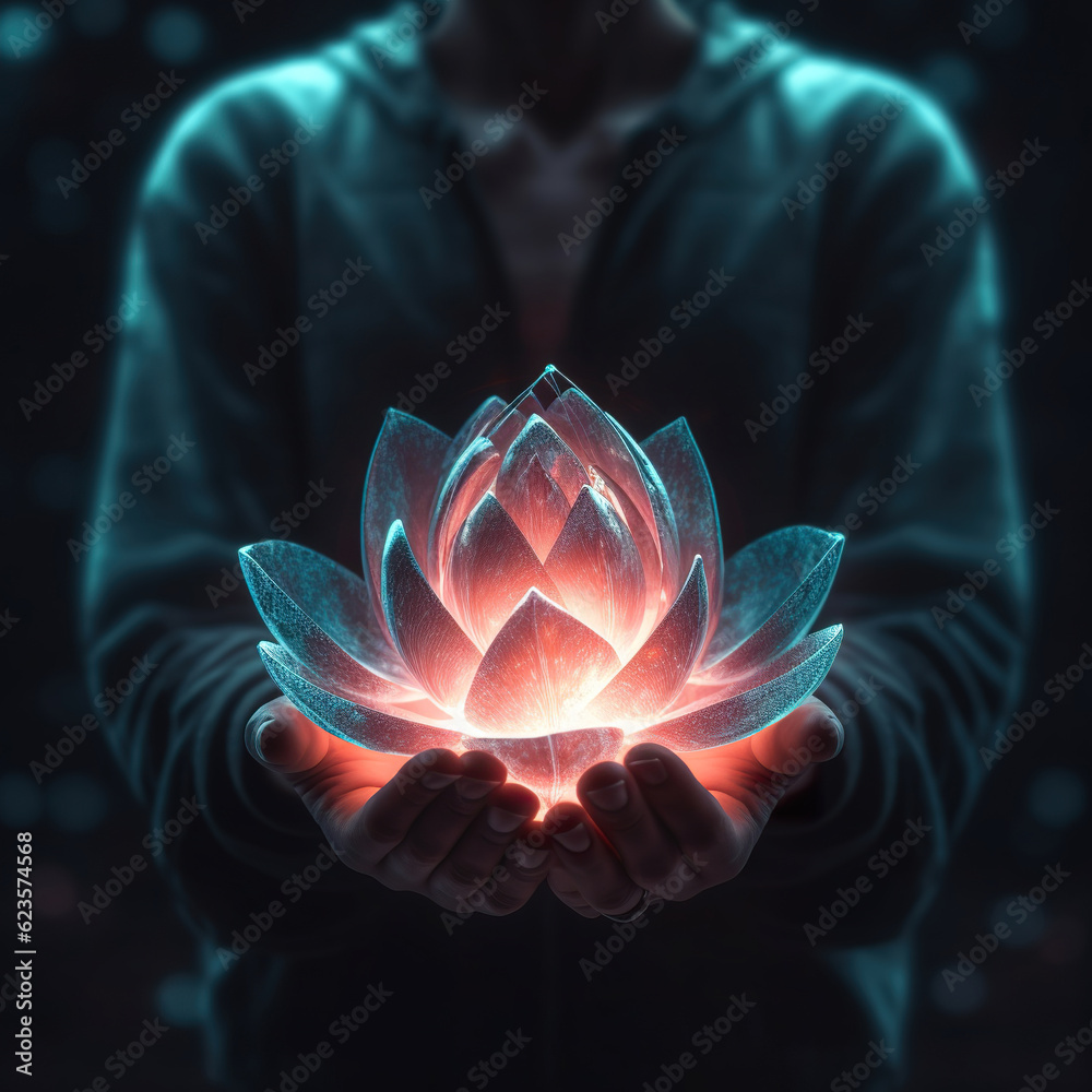 Silhouette of an invisible person holding an illuminated lotus flower ...