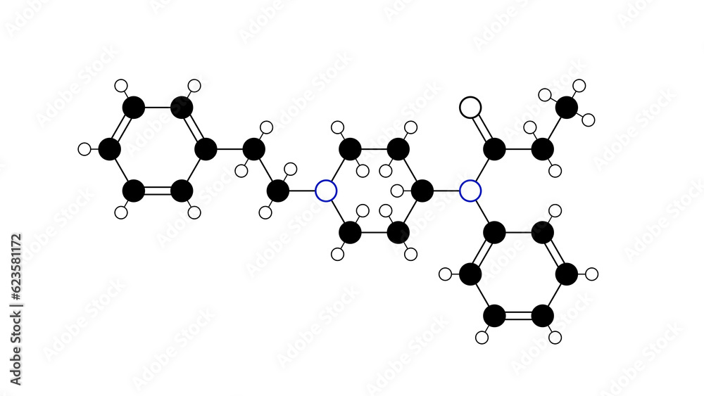 fentanyl molecule, structural chemical formula, ball-and-stick model ...