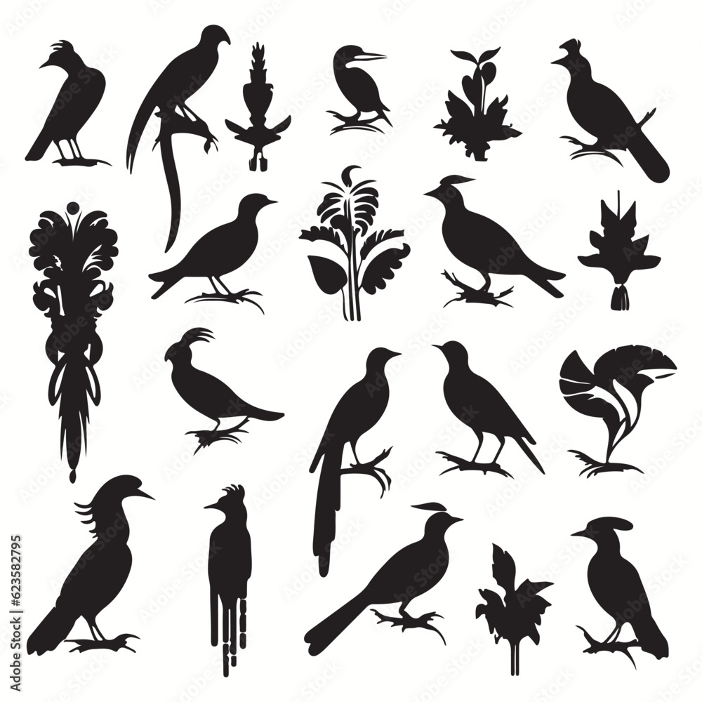 Quetzal silhouettes and icons. Black flat color simple elegant Quetzal ...