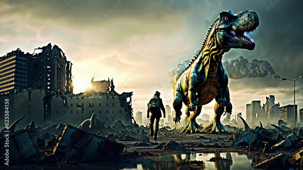 Dinosaurs destroying the city. Post-apocalyptic vision of the world. A destroyed city in a post ...