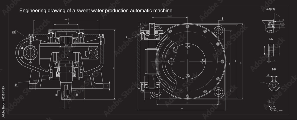 Vector engineering drawing of a sweet water production automatic ...