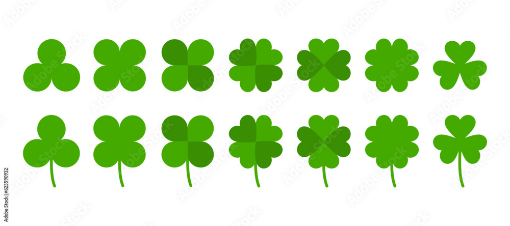 Clover illustration, icon set. Vector tree and four leaf clovers ...