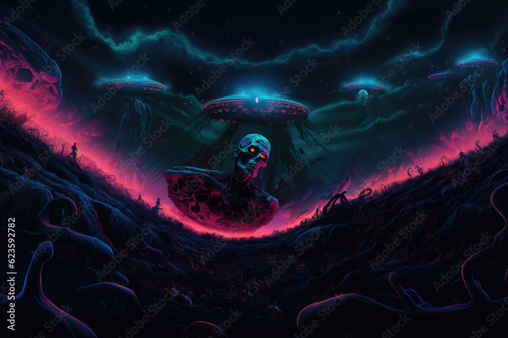 zombie being pulled from a scary mysterious planet by an alien space ...