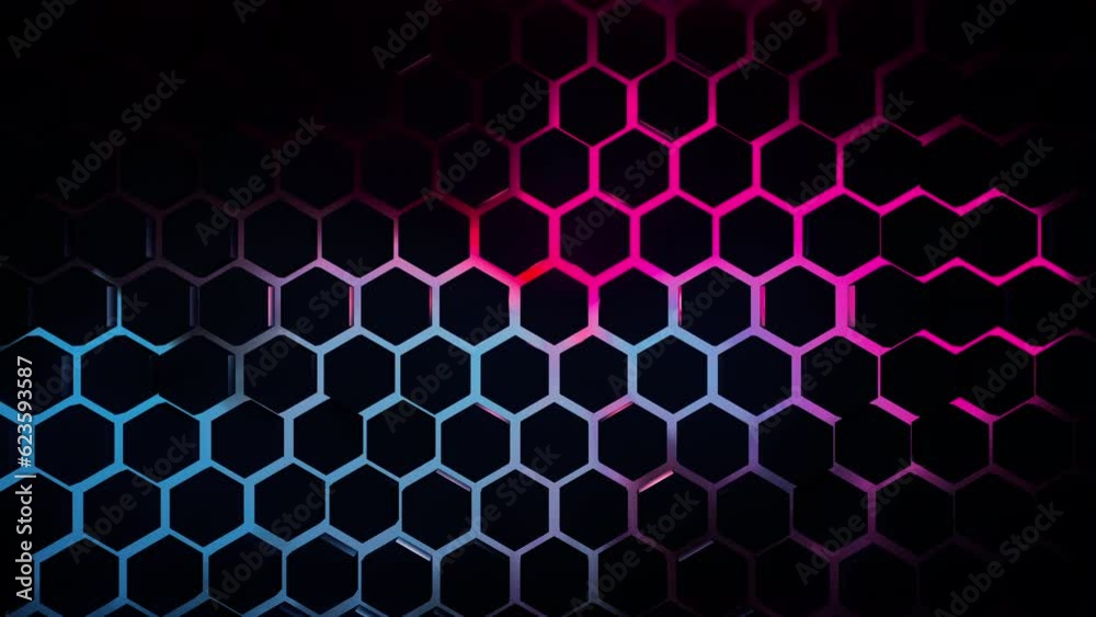 3D render futuristic animated background from hexagon shapes with neon ...