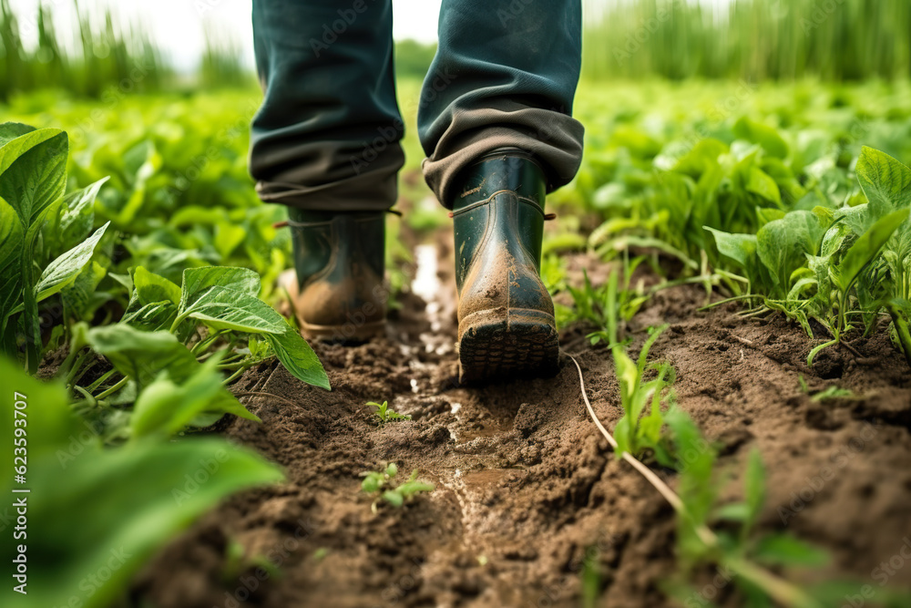 Farm boots and farmer walking in soil while farming in a eco ...