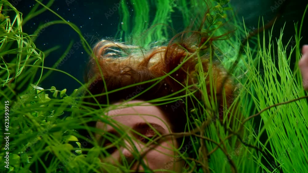 drowning woman underwater, closeup of face between swaying green ...