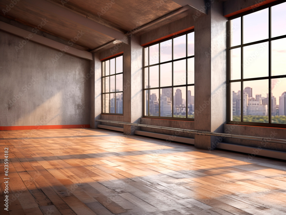 Perspective view of sunny empty loft interior room with wooden floor ...