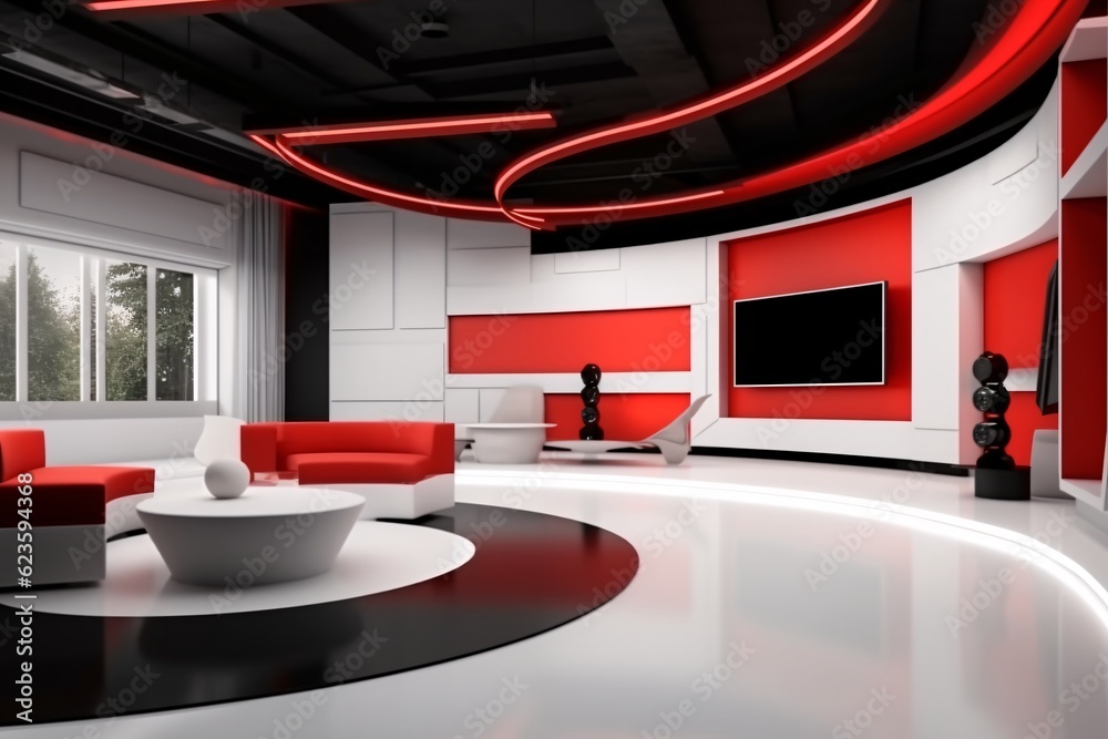 Tv Studio. Red studio. Backdrop for TV shows .TV on wall. News studio ...