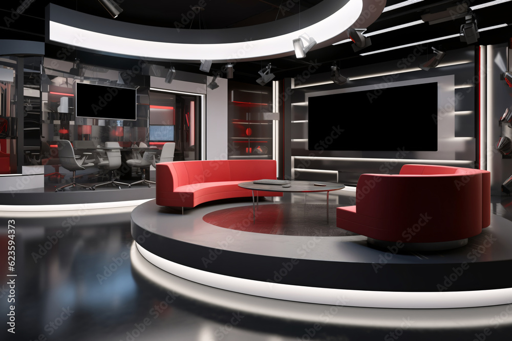 Tv Studio. Red studio. Backdrop for TV shows .TV on wall. News studio ...