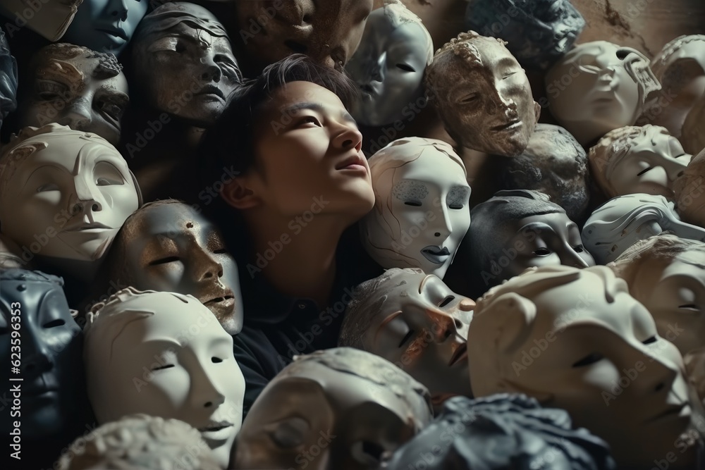 Fake emotion, play a role concept. Character holds masks our face with ...