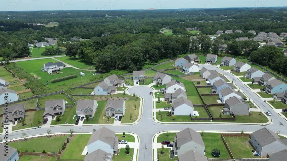 Aerial view of a residential neighborhood, grid of streets, with houses ...