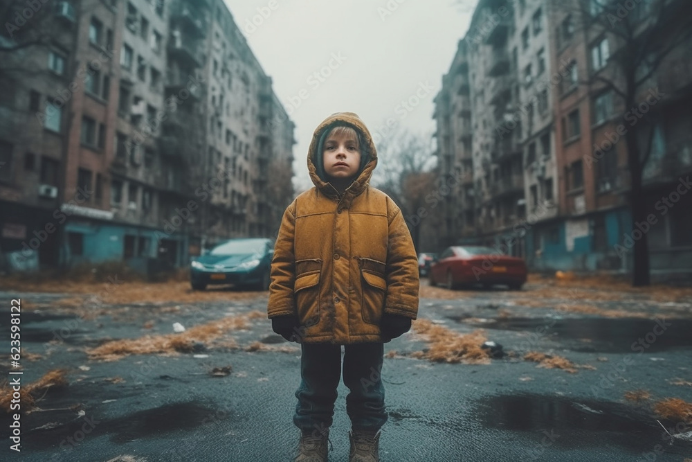 Orphan child. Abandoned street children, homeless, orphans. Lonely and ...