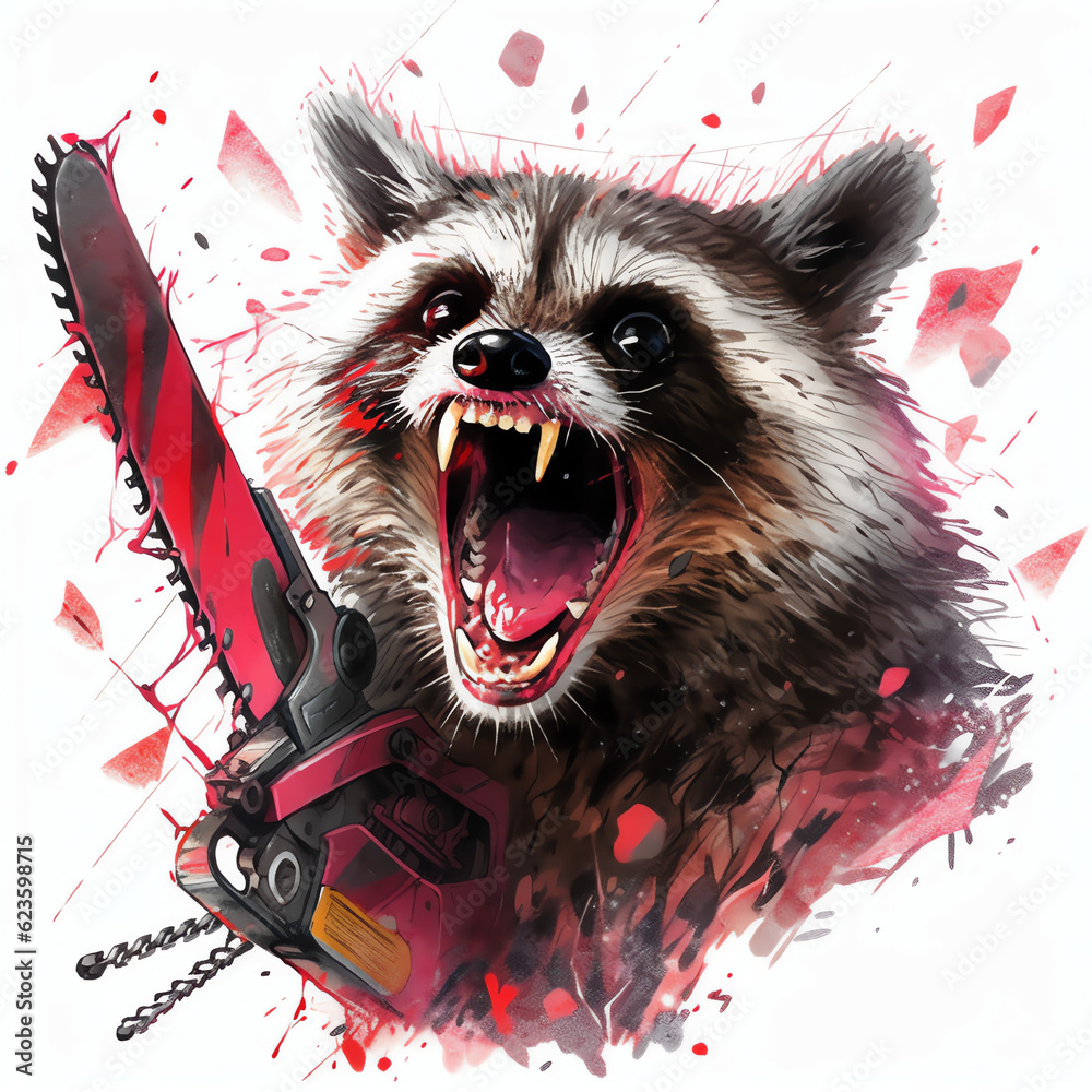 Crazy killer raccoon with chainsaw intense horror illustration ...
