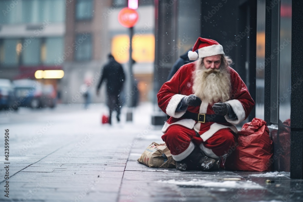 Sad homeless Santa Claus in the street of a big city for Christmas ...