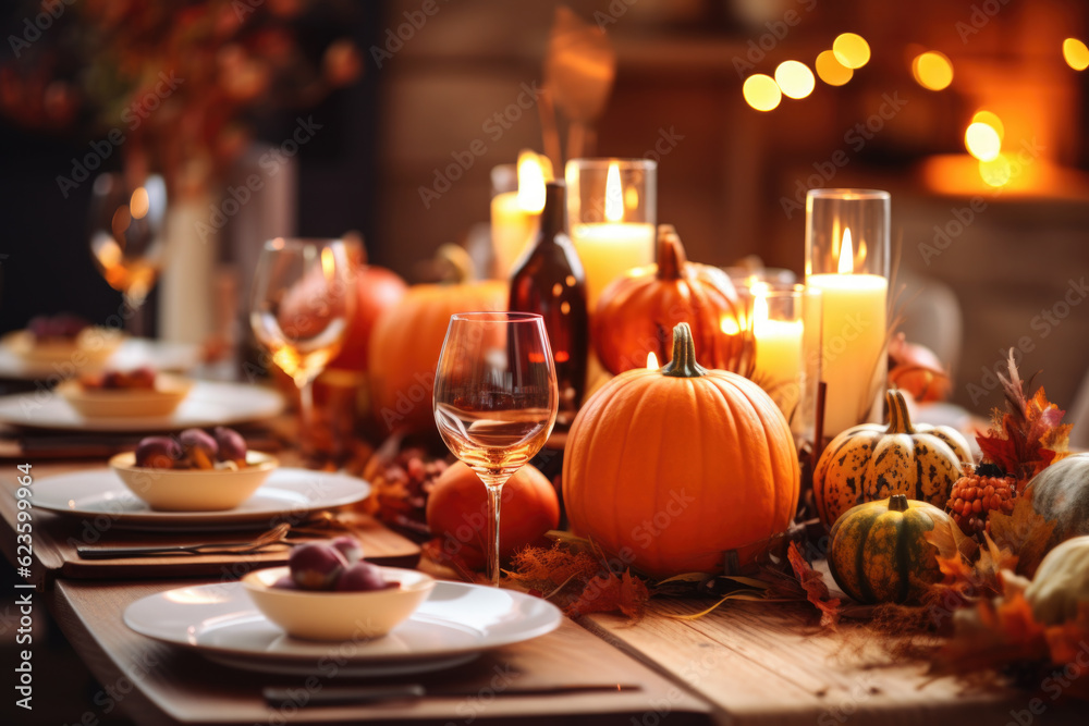Thanksgiving table setting with pumpkins and candles. Autumn home ...