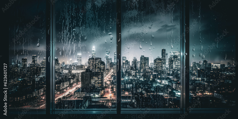 Atmospheric view of a city skyline with skyscrapers through a rain ...
