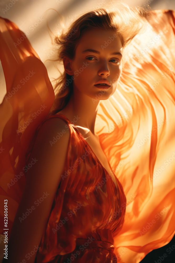 woman/model in an illuminated setting reminding of sunlight with ...