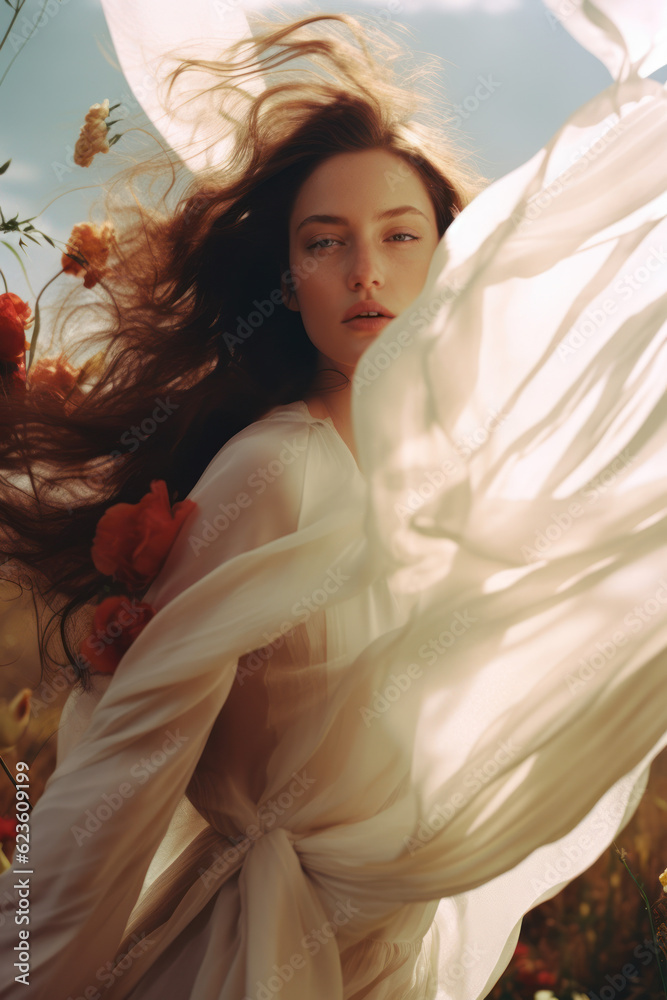 woman/model in an illuminated setting reminding of sunlight with ...