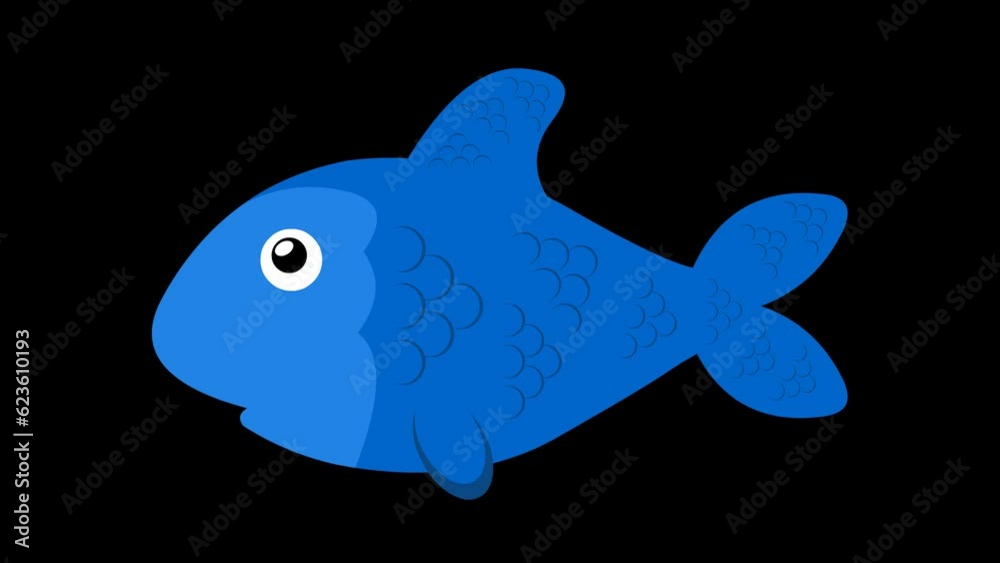 video animation of blue cartoon fish swimming, moving the fins. On a ...