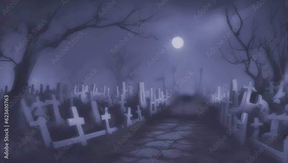 Cemetery with Stone Path and Full Moon at Night Background for Cartoon ...