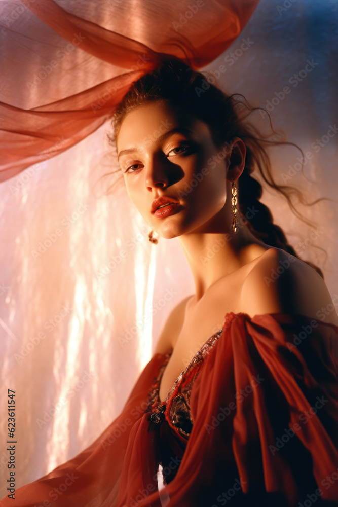 woman/model in an illuminated setting reminding of sunlight with dancing ethereal movements in ...
