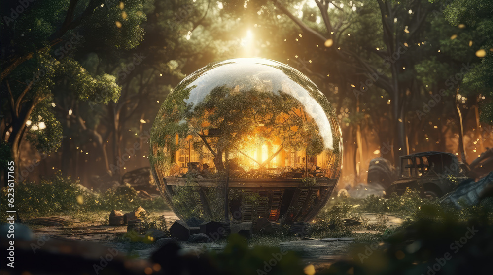 a big crystal ball full of green trees with nature and life inside the ...