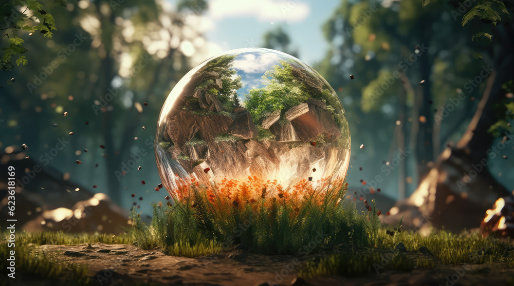 a big crystal ball full of green trees with nature and life inside the ...