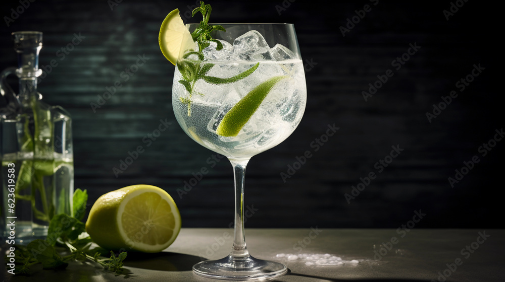Tasty Gin and Tonic with Gin Tonic Water Lime Ice Cubes served on a ...