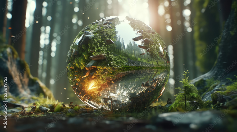 a big crystal ball full of green trees with nature and life inside the ...