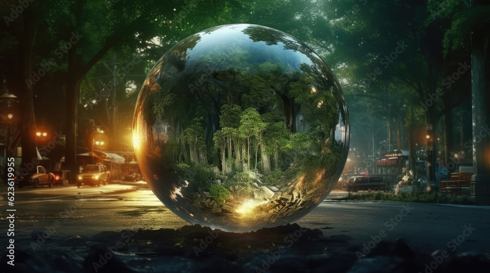 a big crystal ball full of green trees with nature and life inside the ...