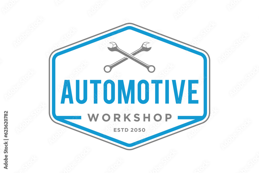 Automotive workshop spanner wrench logo design border frame emblem ...