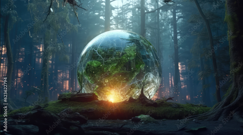a big crystal ball full of green trees with nature and life inside the ...