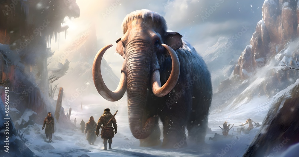Huge woolly mammoth and cave men in the ice age Stock Illustration ...