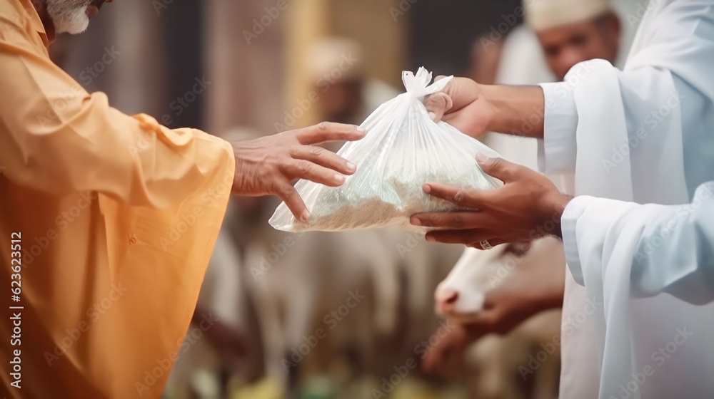 Foto de Muslim person giving alms or a plastic bag containing ...