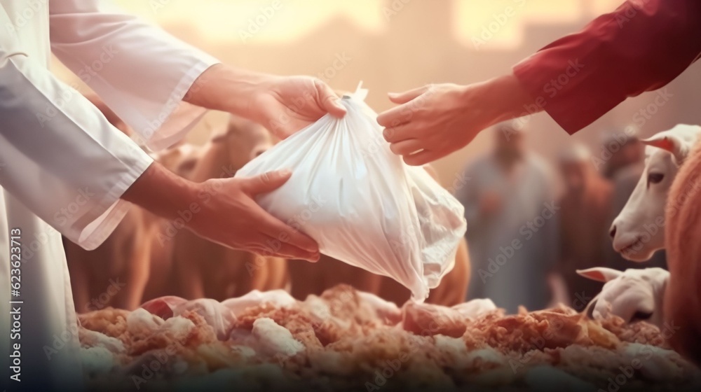 Foto de Muslim person giving alms or a plastic bag containing ...