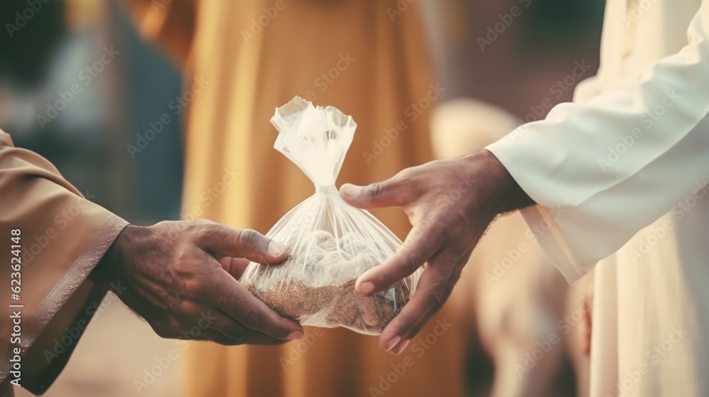 Muslim person giving alms or a plastic bag containing sacrificial meat ...