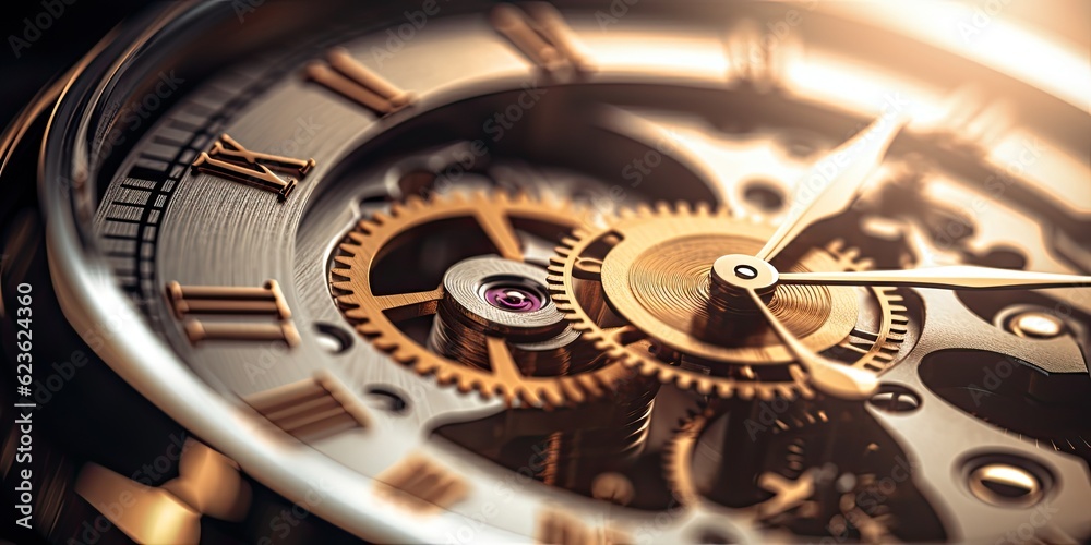 An intricate of a clock mechanism where each gear is intricately ...