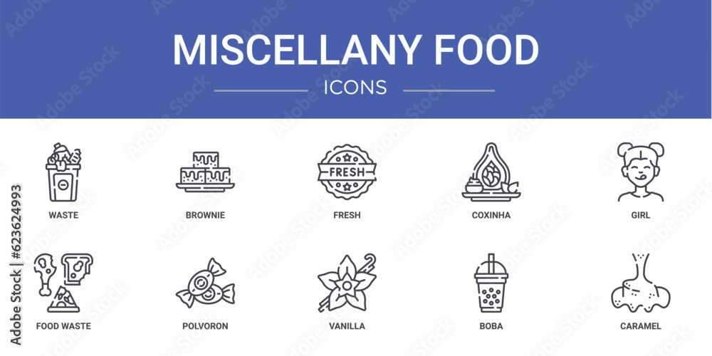 set of 10 outline web miscellany food icons such as waste, brownie ...