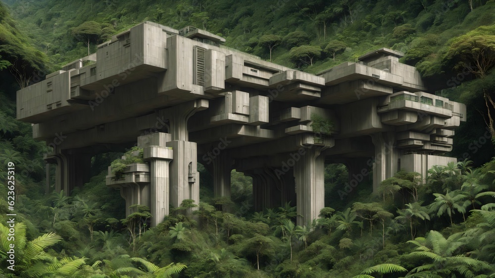 Landscape of an abandoned brutalist mega-structure deep in the ...