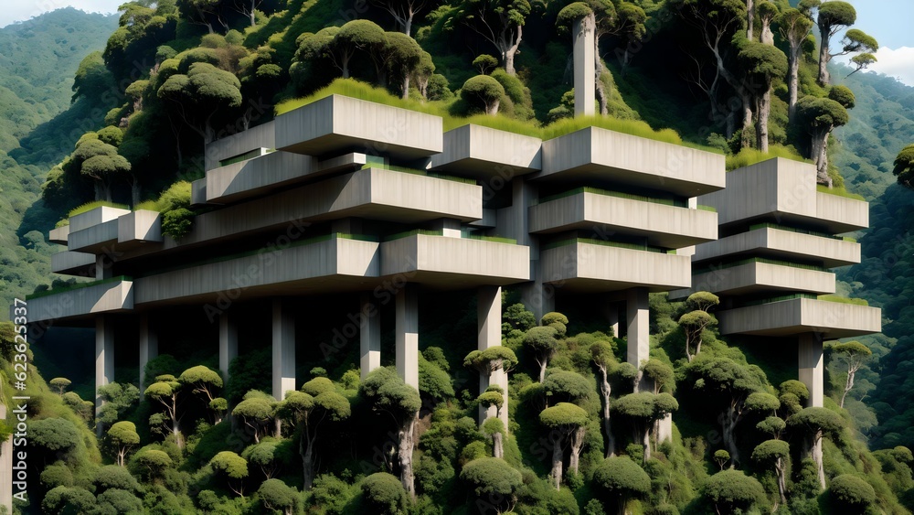 Landscape of an abandoned brutalist mega-structure deep in the rainforest - Generative AI ...