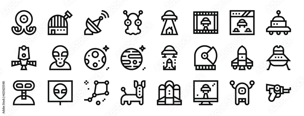 set of 24 outline web ufo and aliens icons such as alien, observatory ...