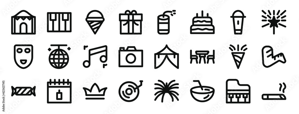 set of 24 outline web party and celebration icons such as tent, piano ...