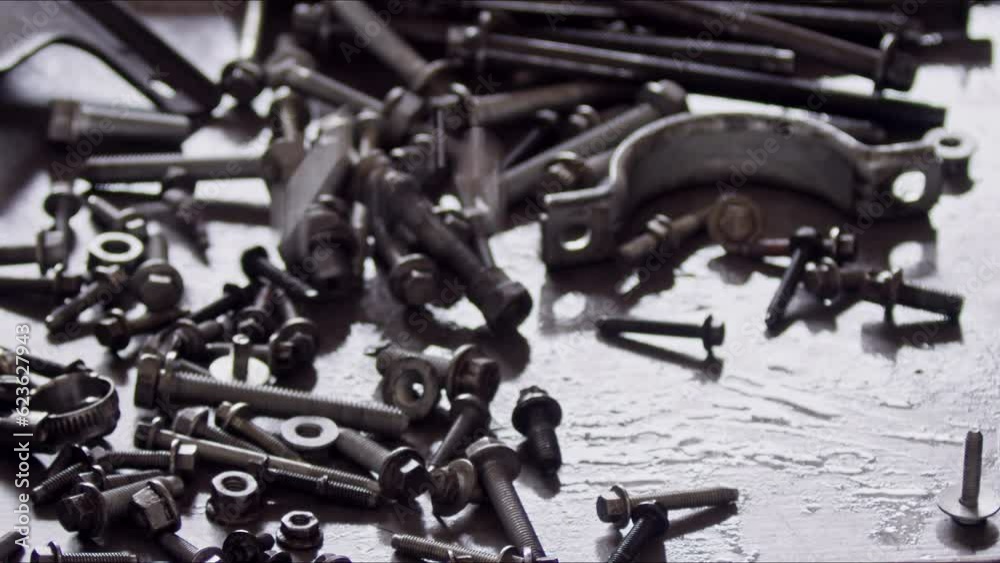 Spill and Fall of Worn Oily and Rusty Bolts and Nuts Footage. Stock ビデオ ...